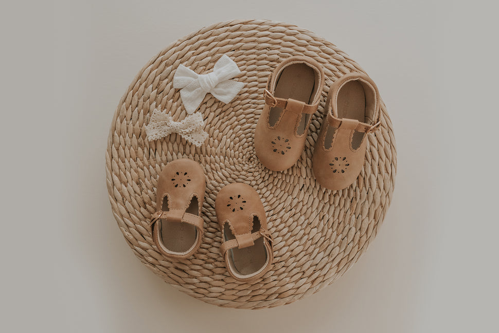 Baby Leather Petal T-Bar | Color 'Aged Camel' | Soft Sole – Consciously ...